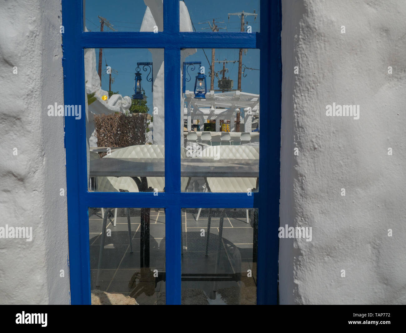 Santorini greek style decoration building blue windows Stock Photo - Alamy