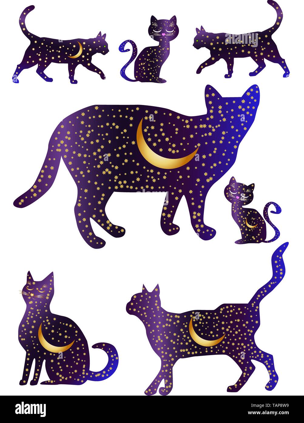 Cat-night. Cat silhouettes painted with a night sky with stars and a ...