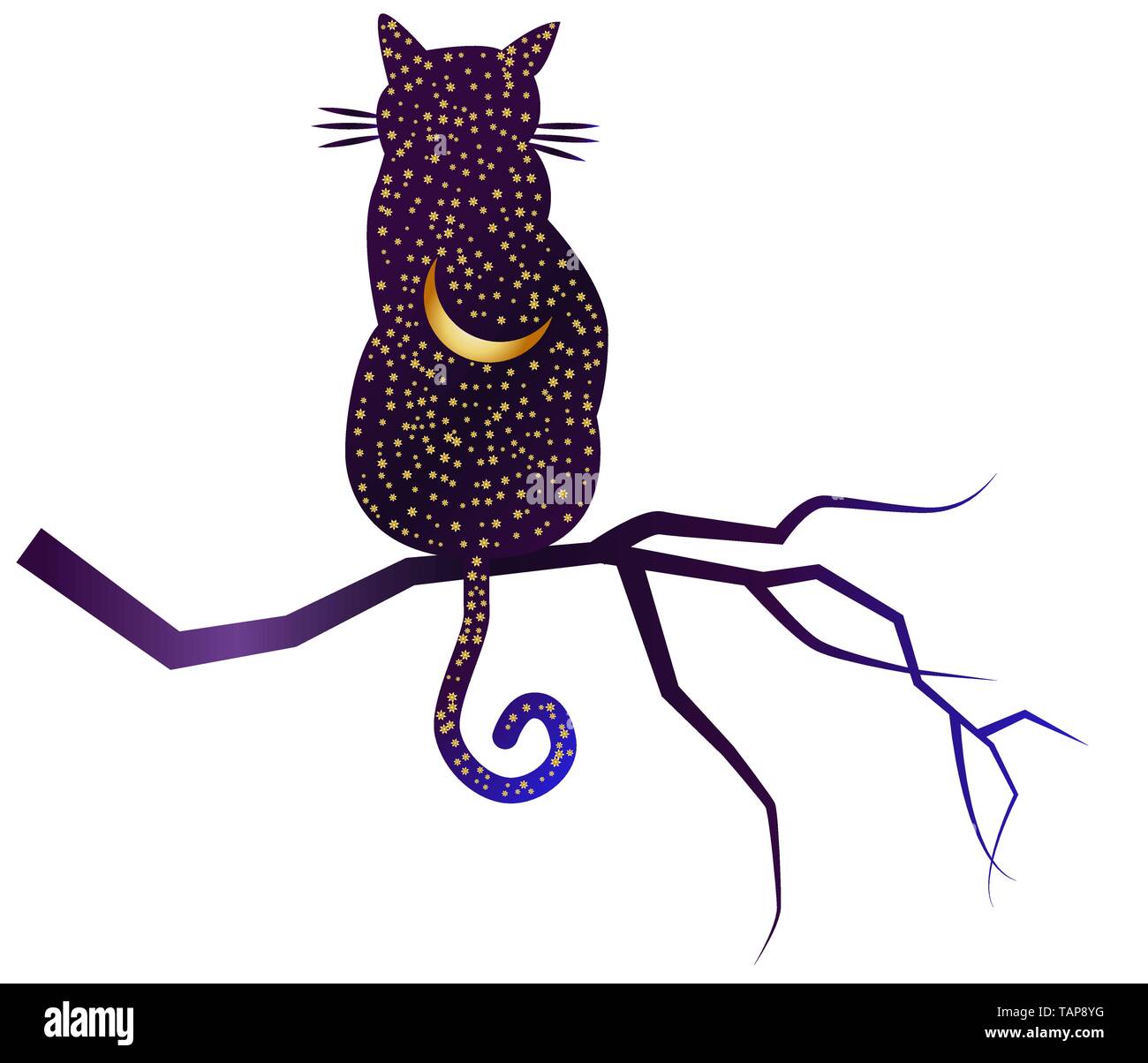Cat-night. Cat silhouettes painted with a night sky with stars and a ...