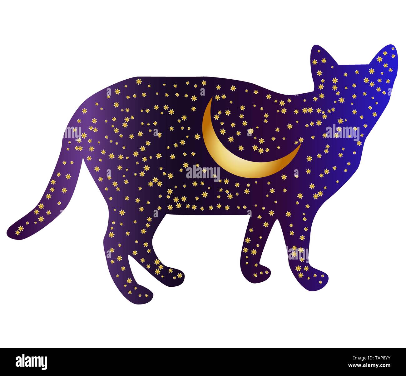 Cat-night. Cat silhouettes painted with a night sky with stars and a ...