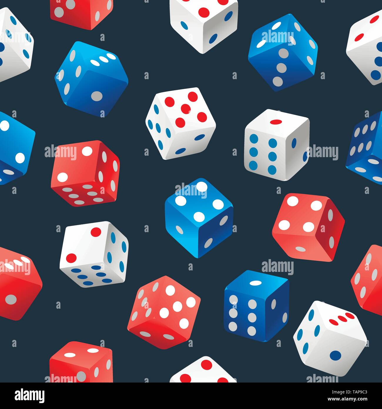 Seamless pattern of playing dice falling in various positions, blue red ...