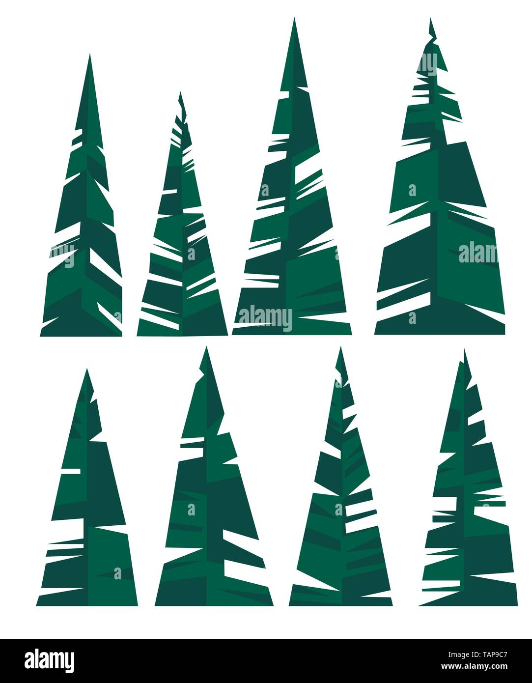 Set of eight green evergreen pine tree different size of spruce tree ...