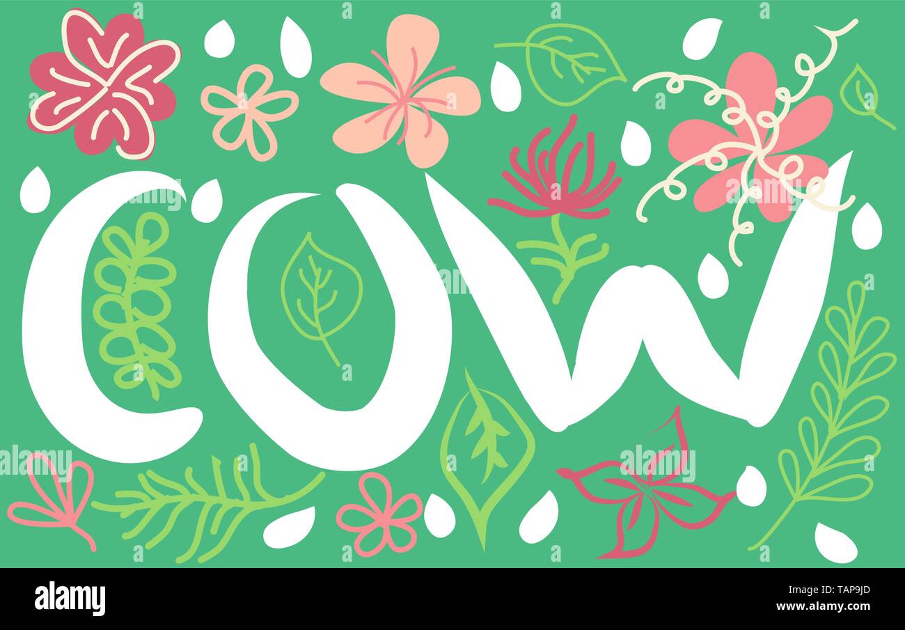 word cow lettering white in colors on green background, concept Stock ...
