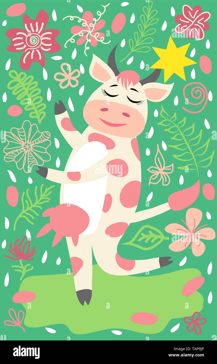 Cute happy cow with golden star having fun, funny farm animal cartoon ...