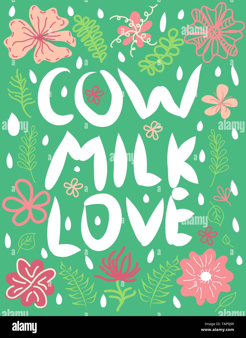 The words cow, love, milk lettering white in colors on a green ...