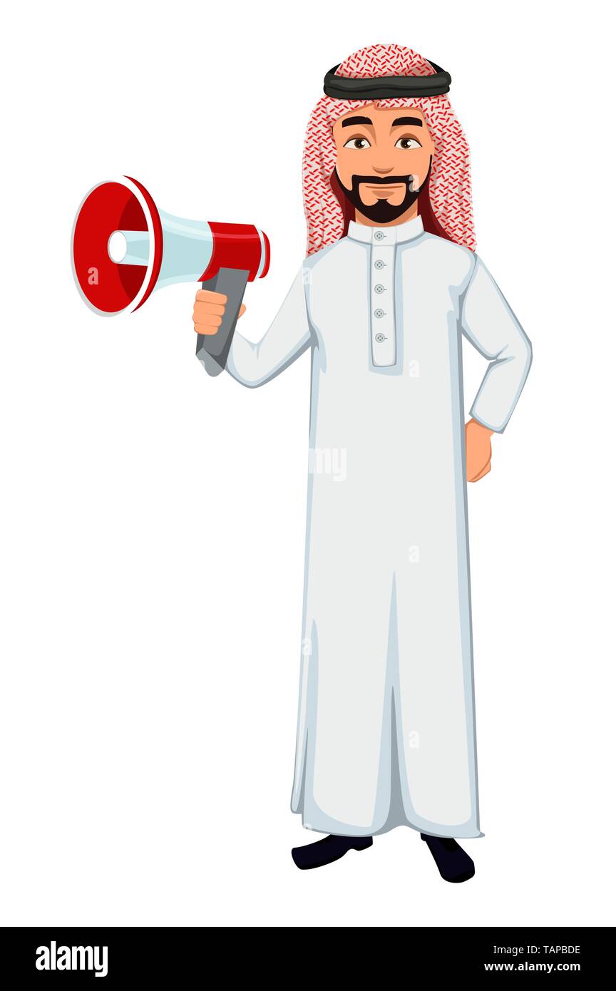 Modern Arab business man holds loudspeaker. Successful businessman ...