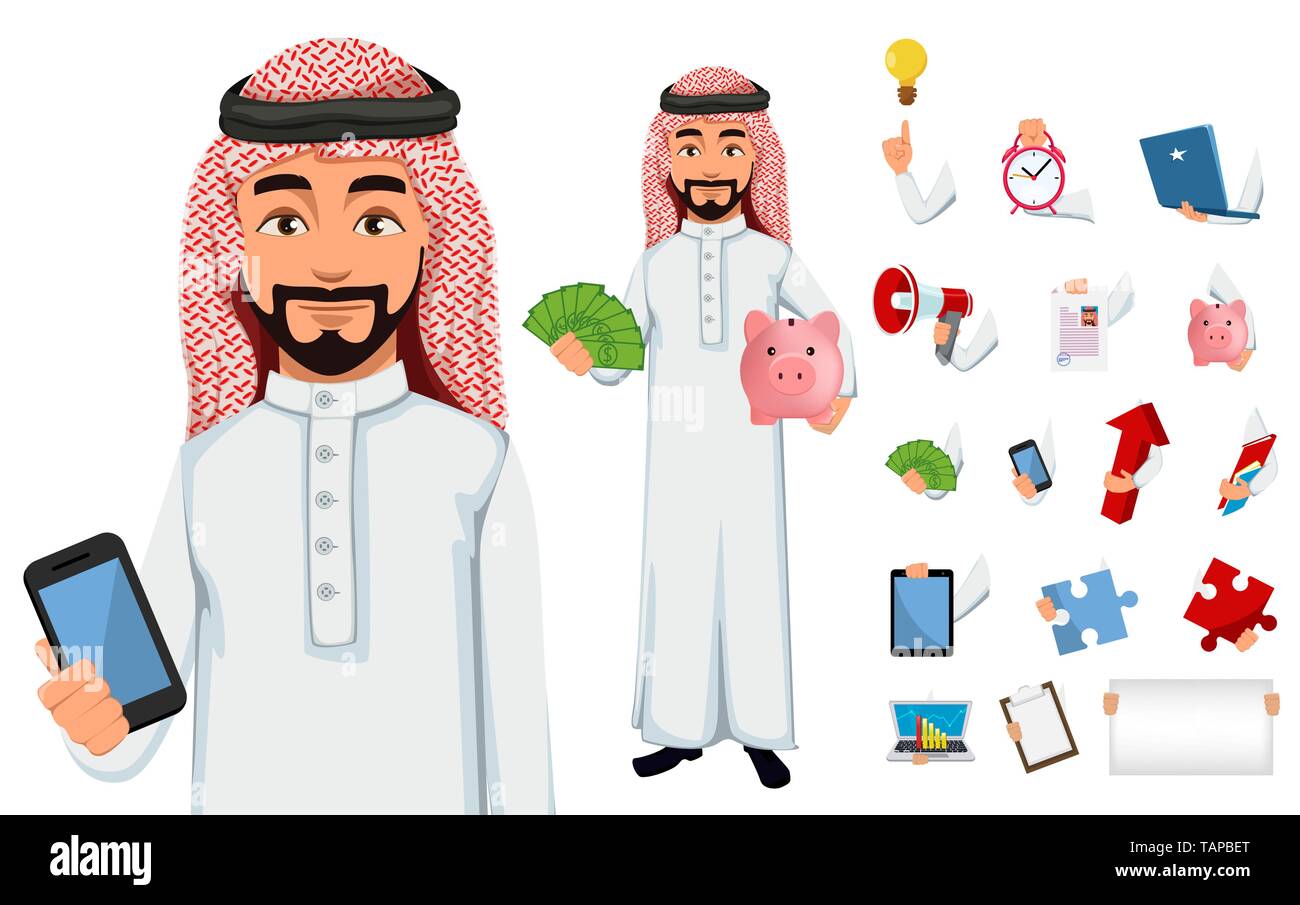 Modern Arab business man, pack with different things. Successful ...