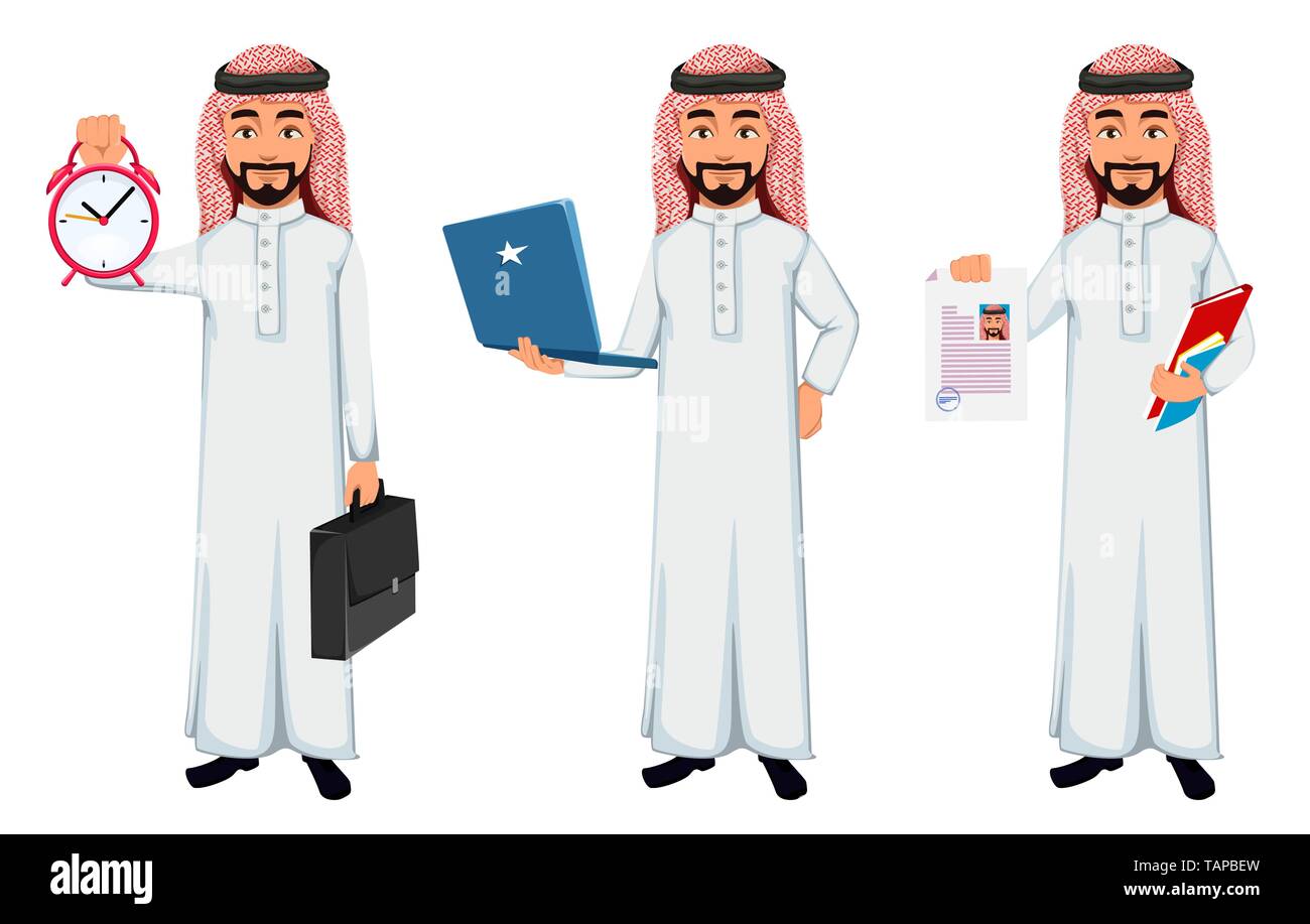 Modern Arab business man, set of three poses. Successful businessman ...