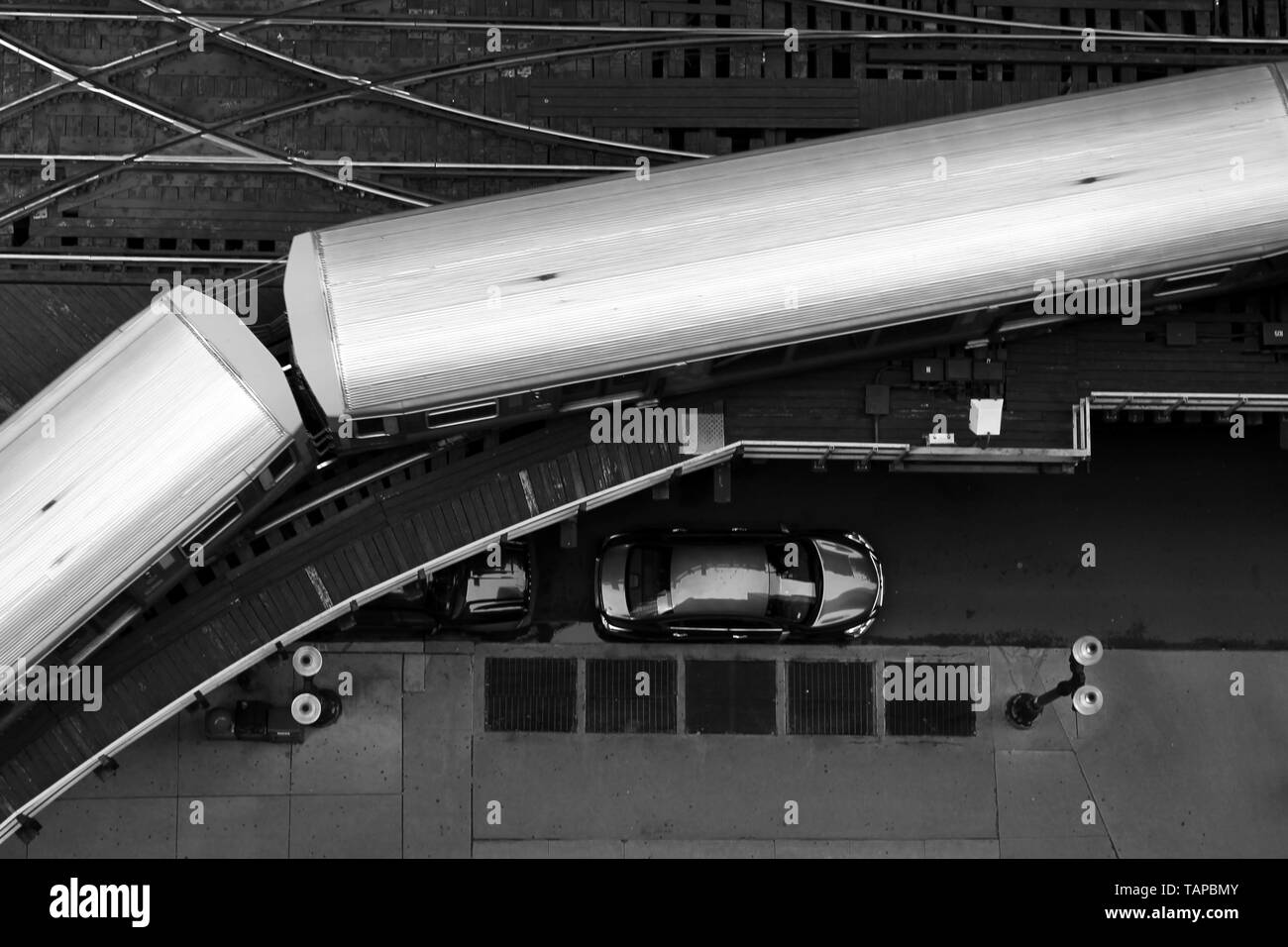 Chicago L train cars from the CTA on elevated tracks in the Loop ...
