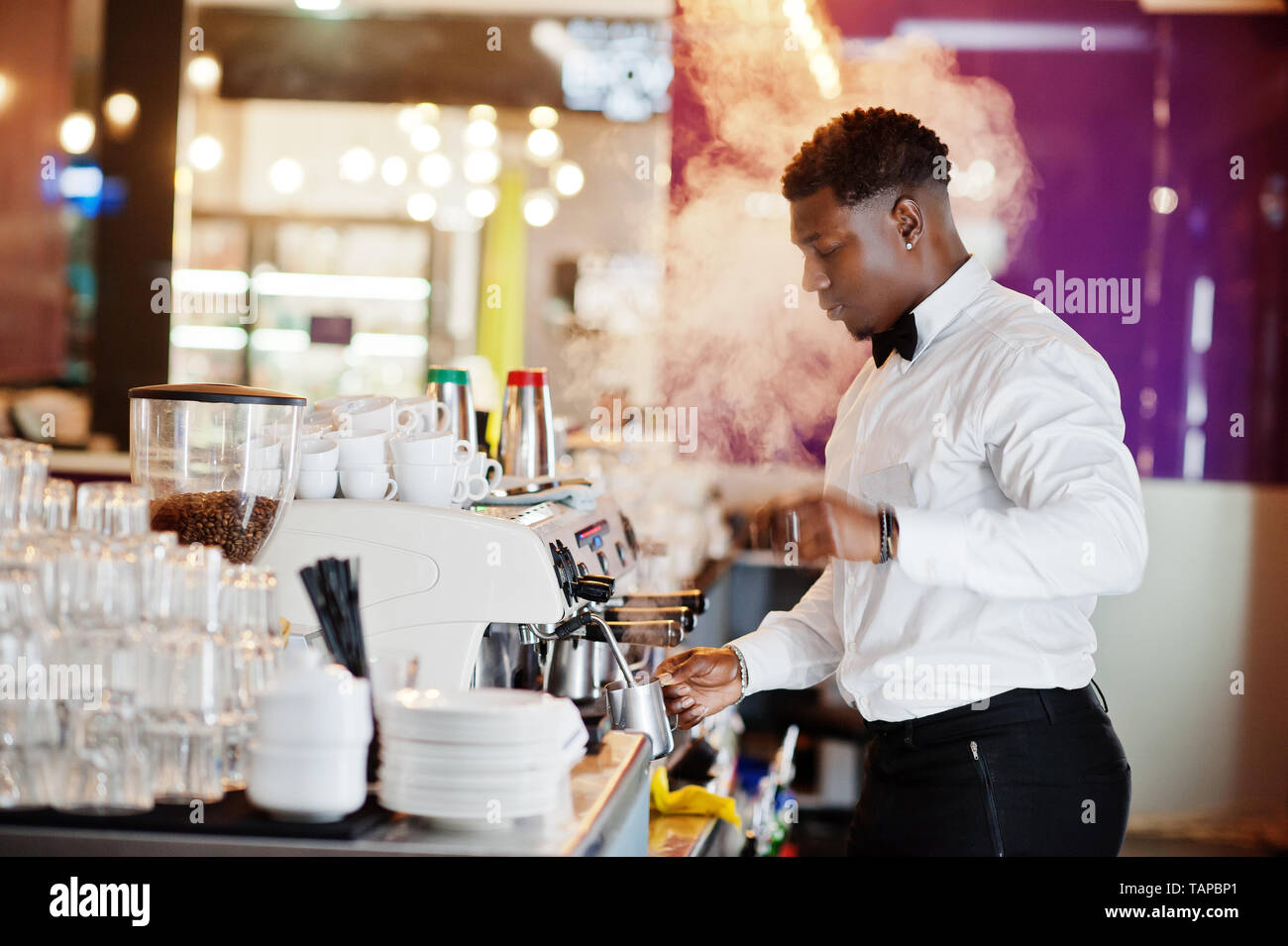 Happy african american barman preparing hi-res stock photography and ...