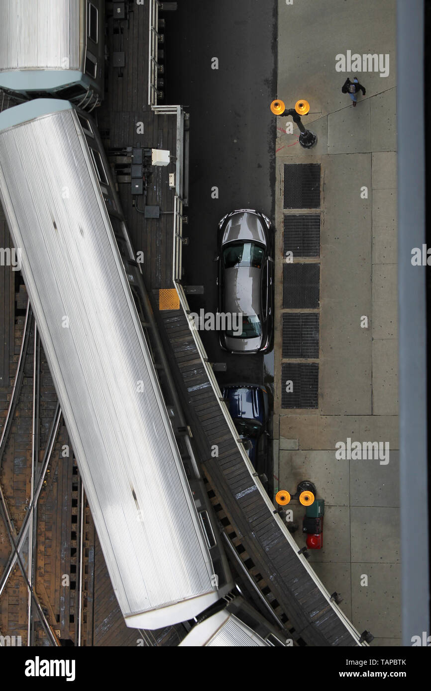 Chicago L train cars from the CTA on elevated tracks in the Loop ...