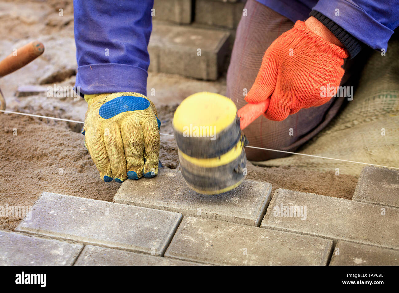 The worker lay the paving slab with special hammers, leveling it ...