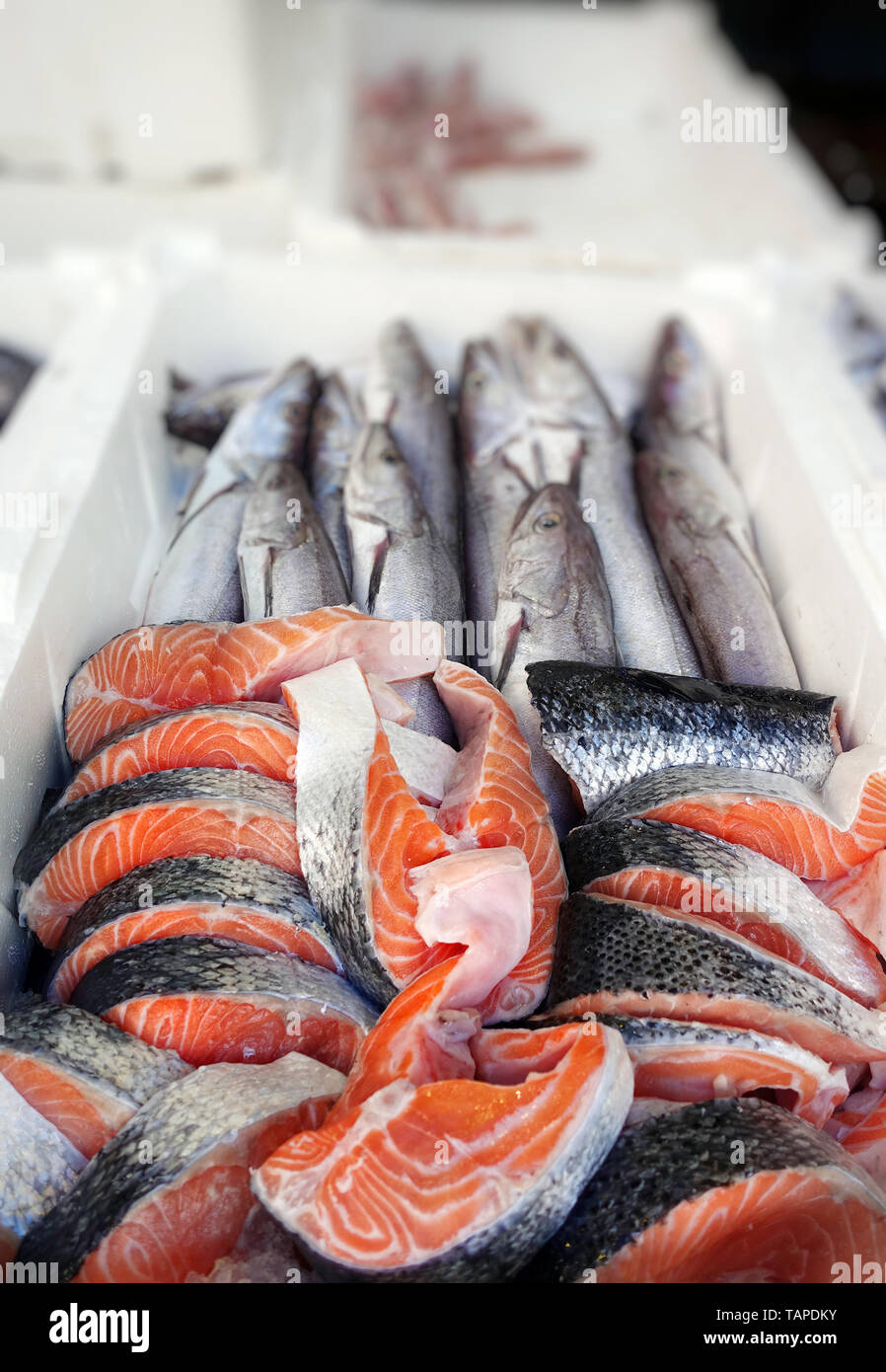 Raw Fish Food in a Fish Market Stand Stock Photo - Alamy