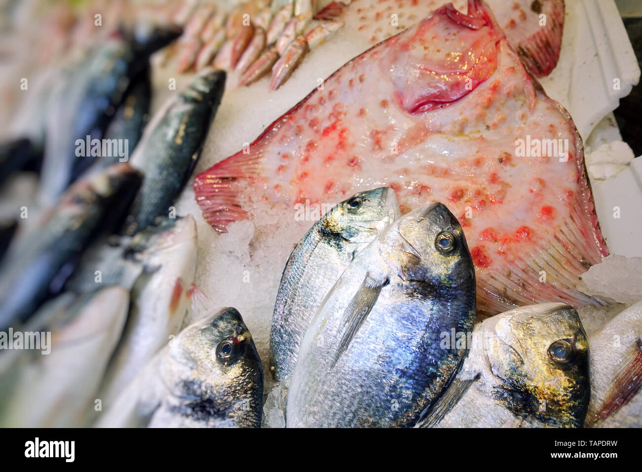 Raw Fish Food in a Fish Market Stand Stock Photo - Alamy