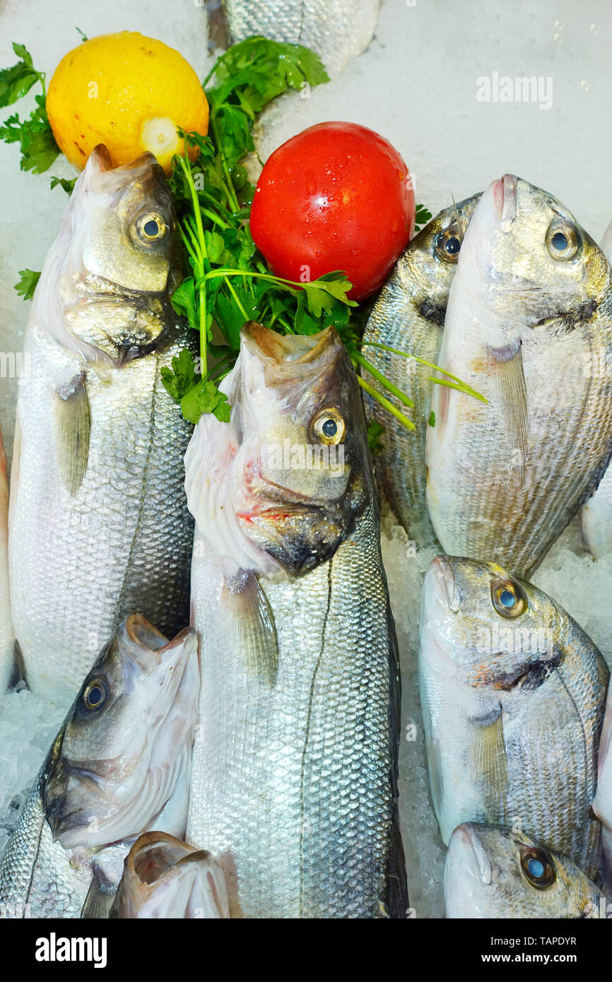 Raw Fish Food in a Fish Market Stand Stock Photo - Alamy