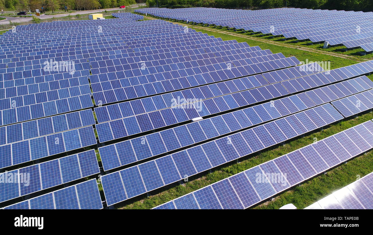 Green Energy Concept Solar Panel Power Farm Aerial Drone Capture Stock ...