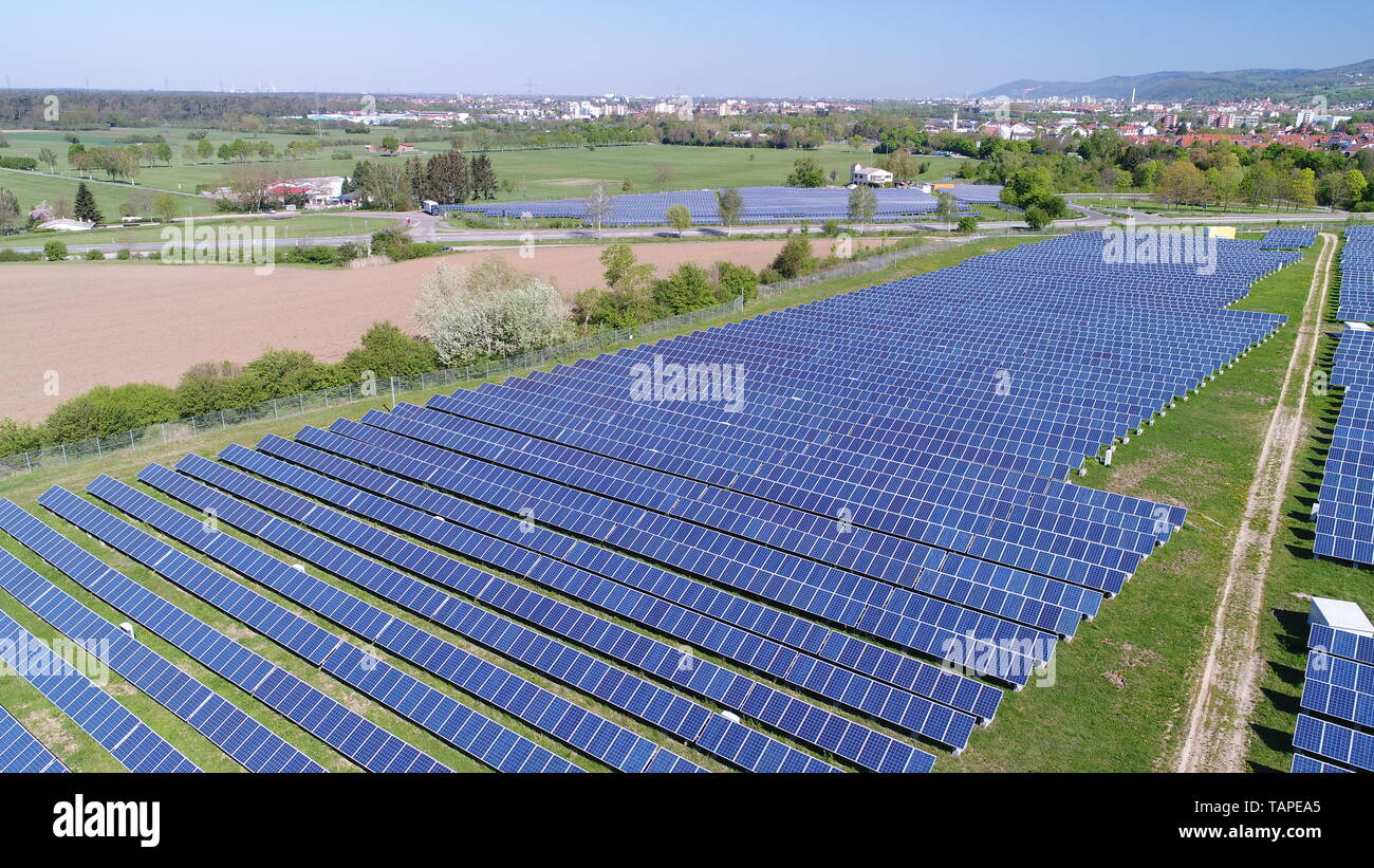 Green Energy Concept Solar Panel Power Farm Aerial Drone Capture Stock ...