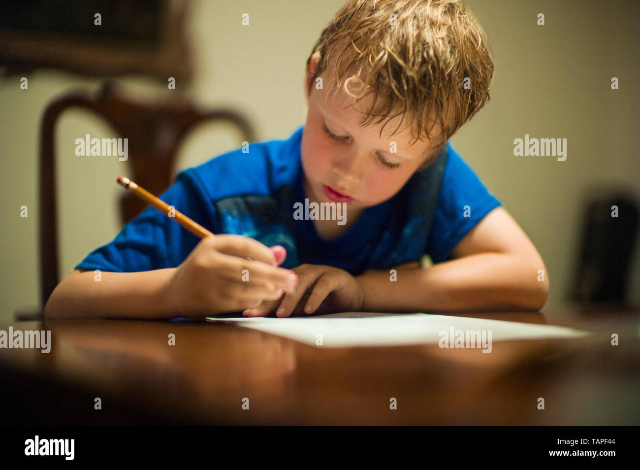 Focused young boy working on homework Stock Photo - Alamy