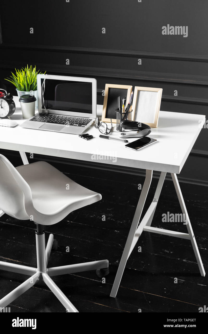 Office leather desk table with computer, supplies Stock Photo - Alamy