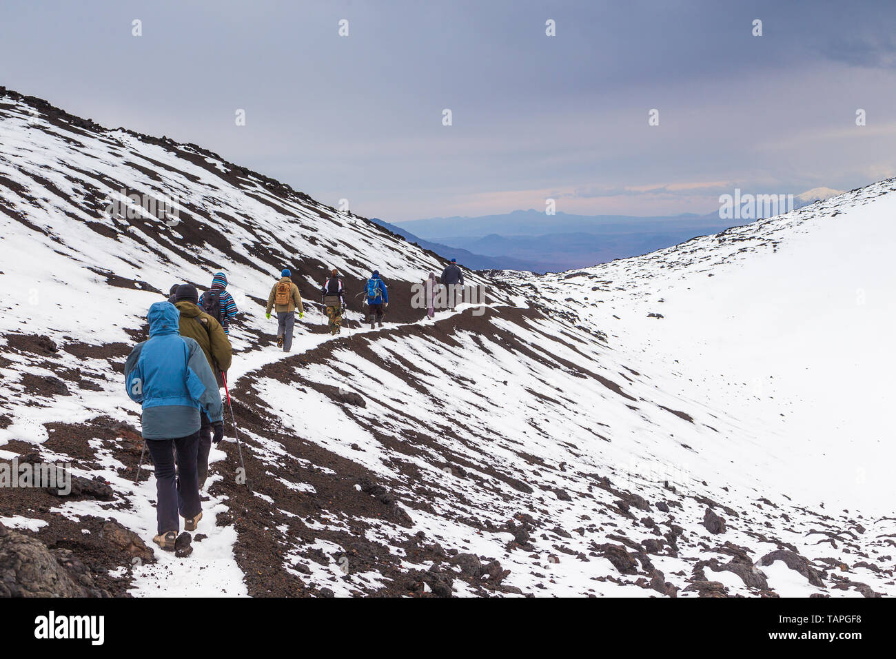 Kamchatka Peninsula, Russia- 29 September 2014: Group of hikers walking ...