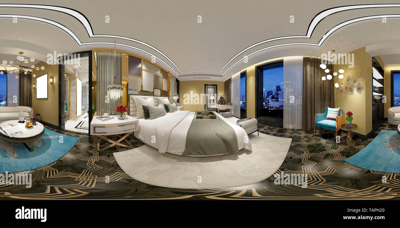 360 degrees 3d render modern bedroom Stock Photo - Alamy