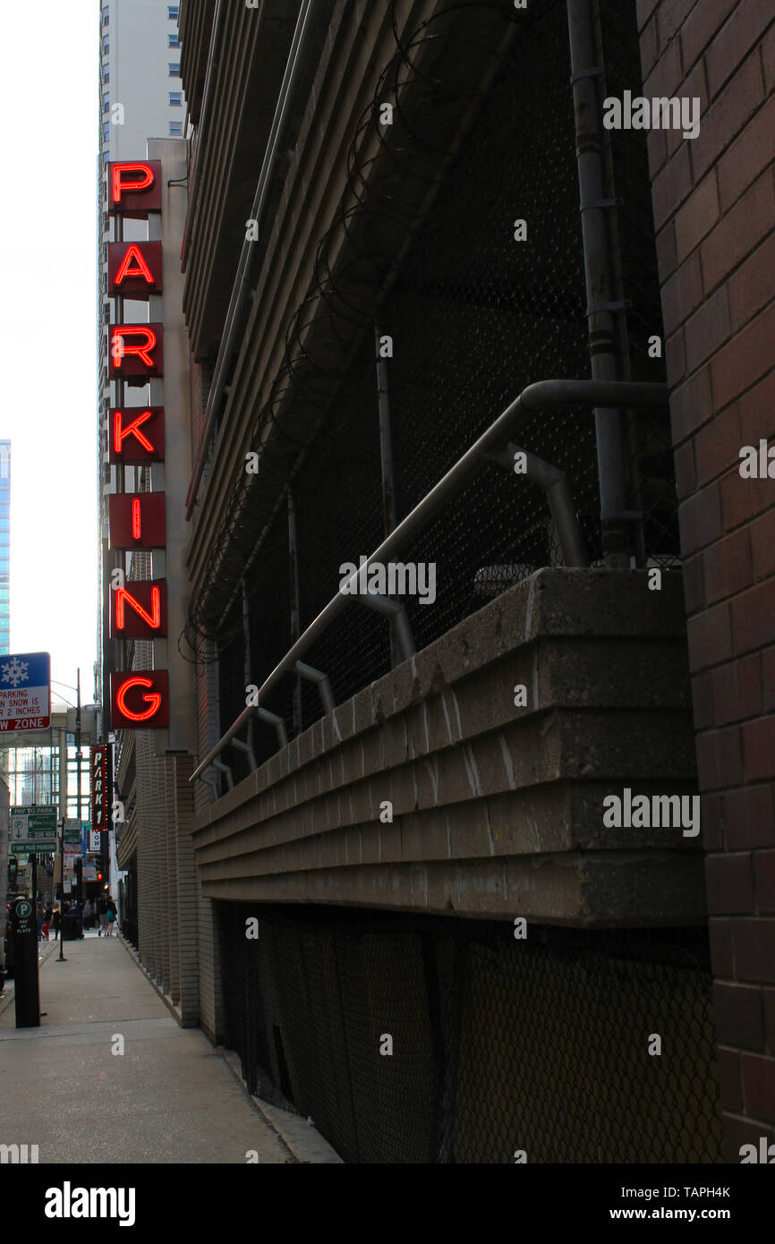 A blade sign for a parking garage in Streeterville, near the Loop, in ...