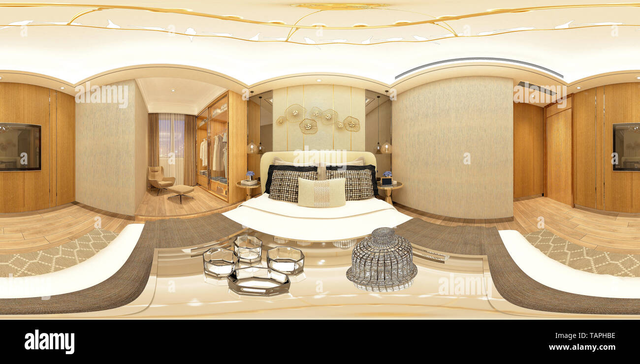 360 degrees 3d render modern bedroom Stock Photo - Alamy
