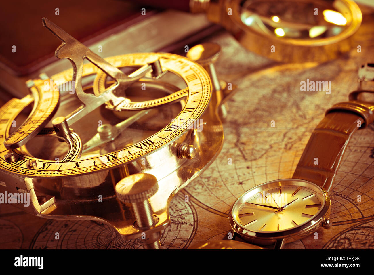 Old vintage compass and travel instruments on ancient map Stock Photo ...