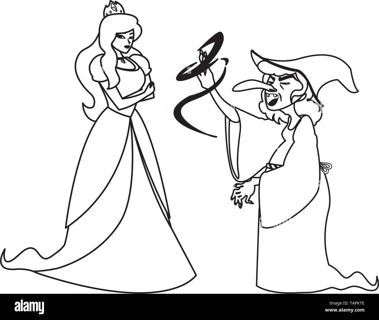 beautiful princess with witch of tales characters vector illustration ...