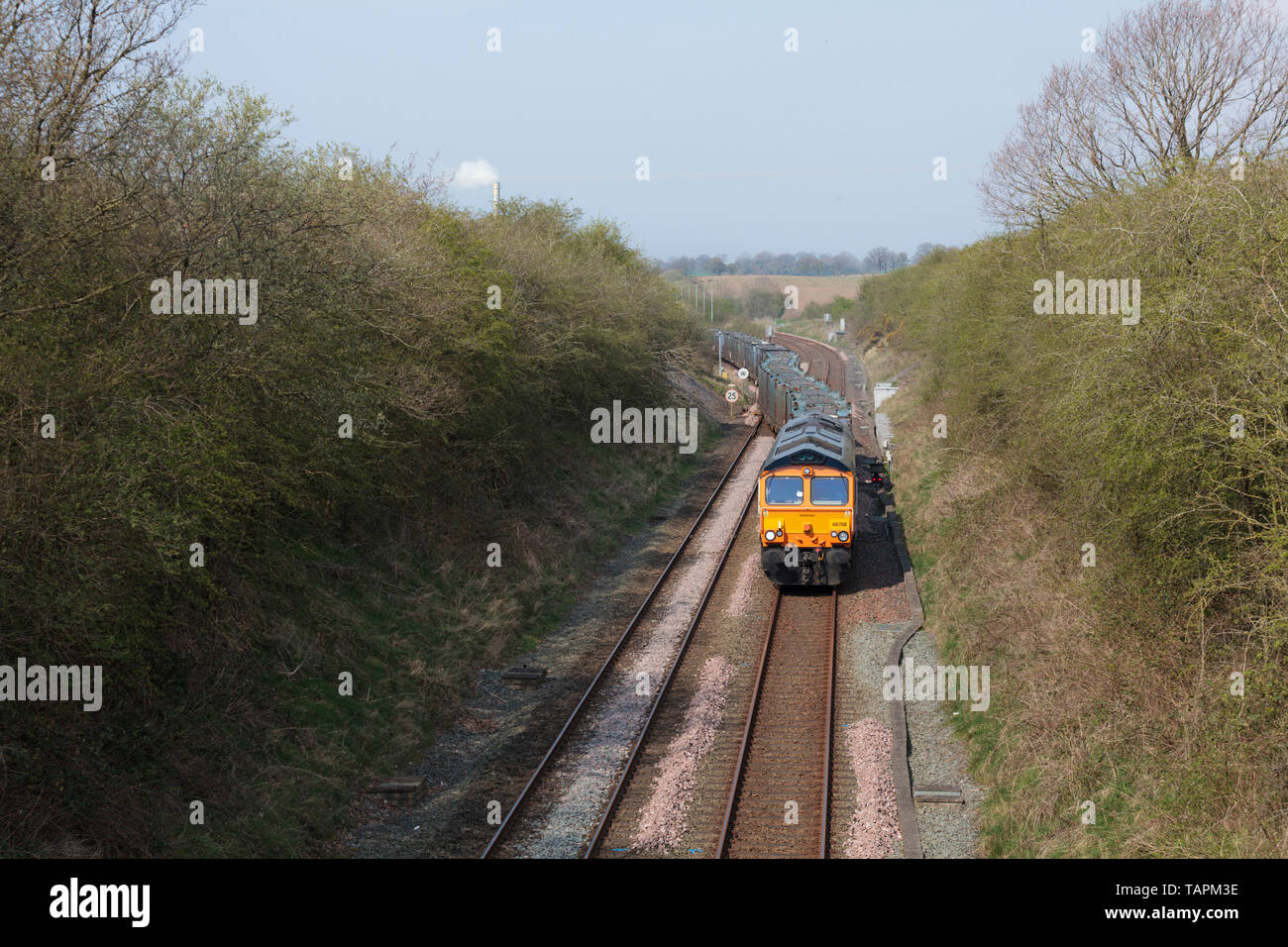 GB Railfreight ( GBRF ) class 66 locomotive departing from Kirkby Thore ...