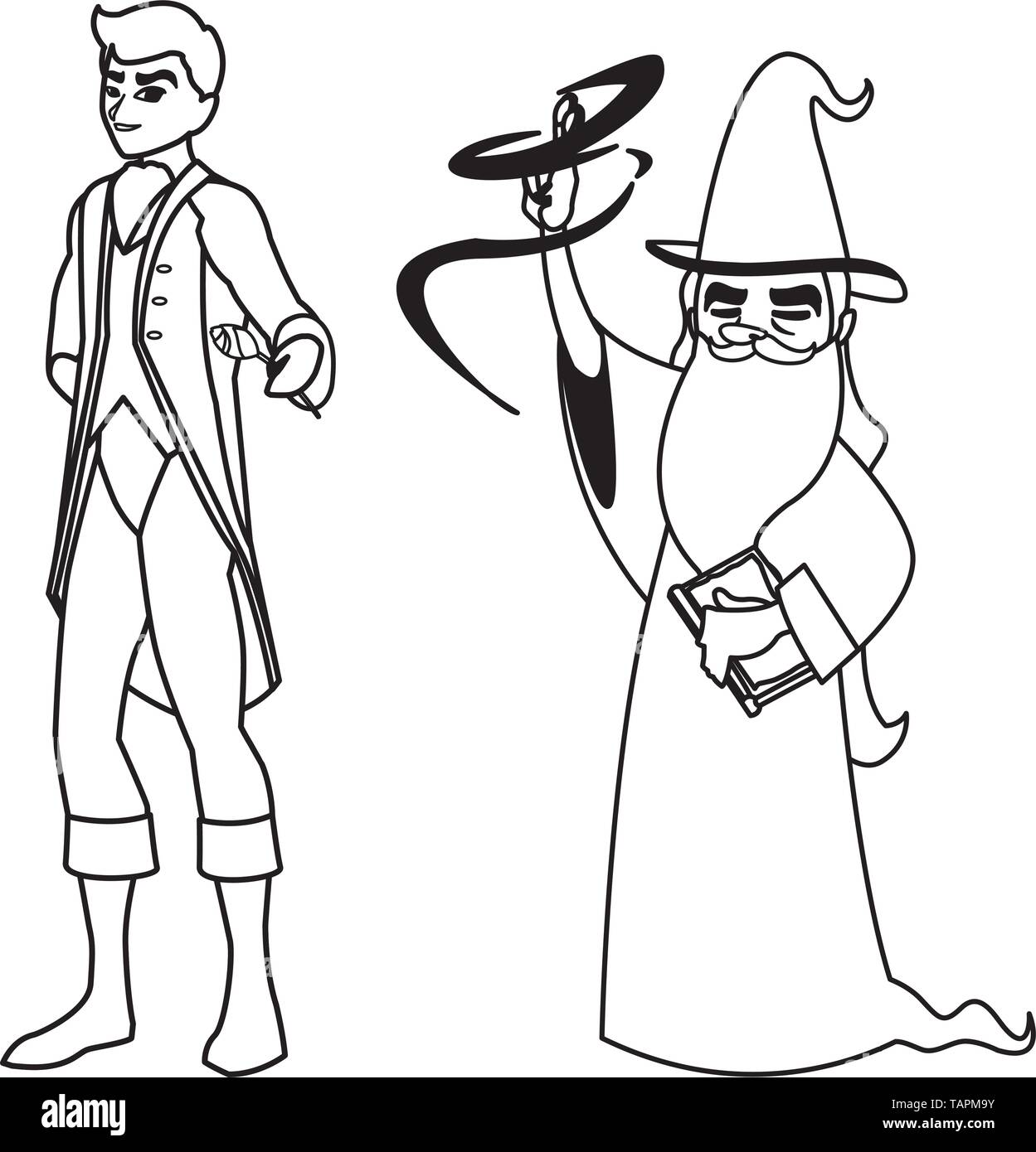 prince charming and wizard of tales characters vector illustration ...