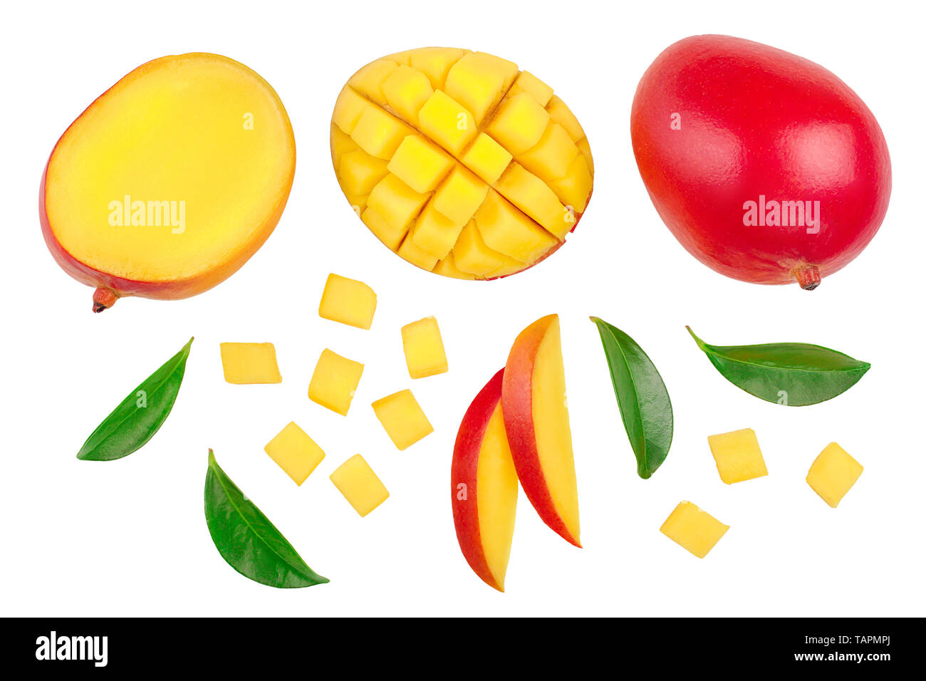 Mango fruit half with slices isolated on white background. Set or ...
