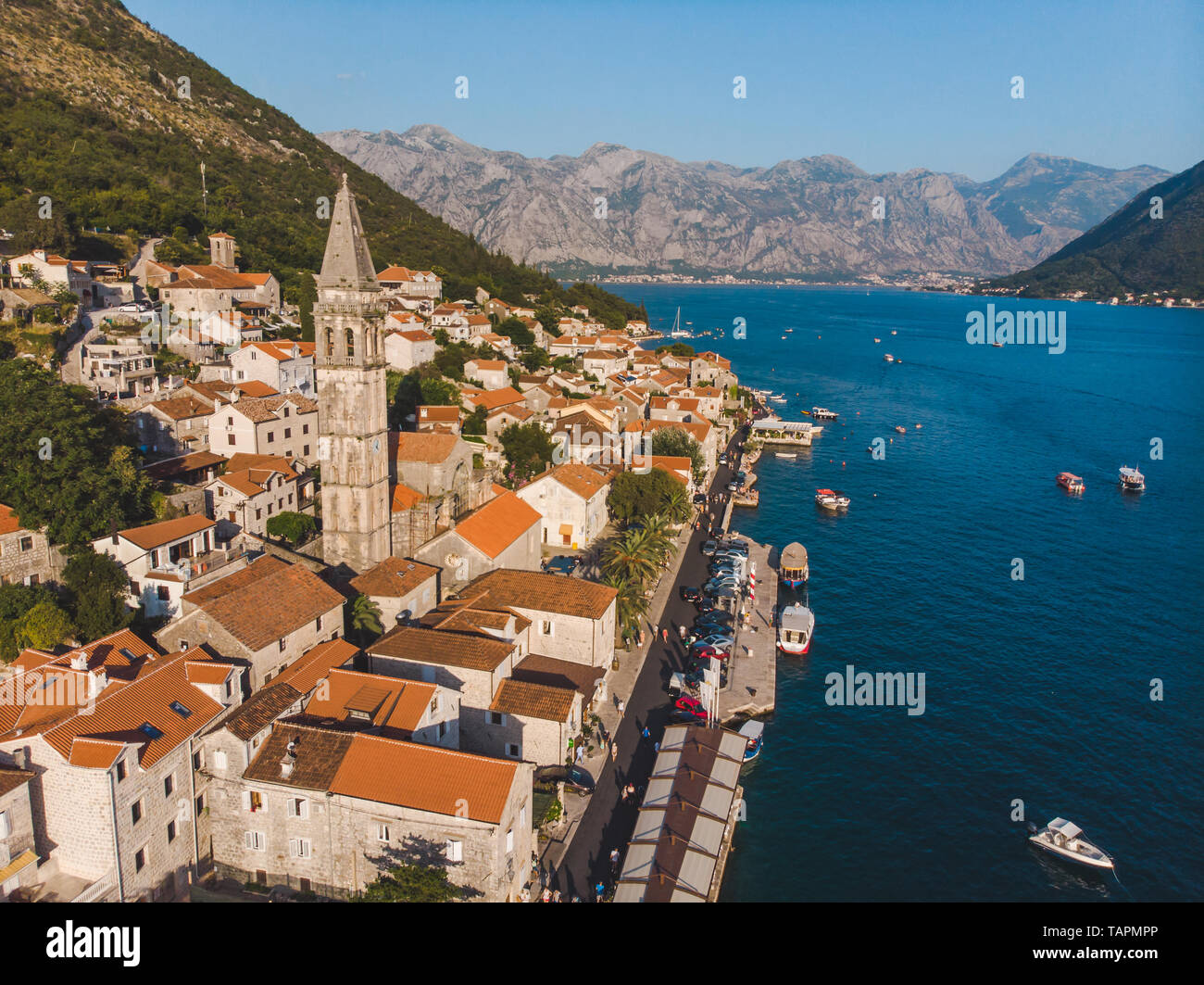 aerial view of perast city in montenegro. summer time Stock Photo - Alamy