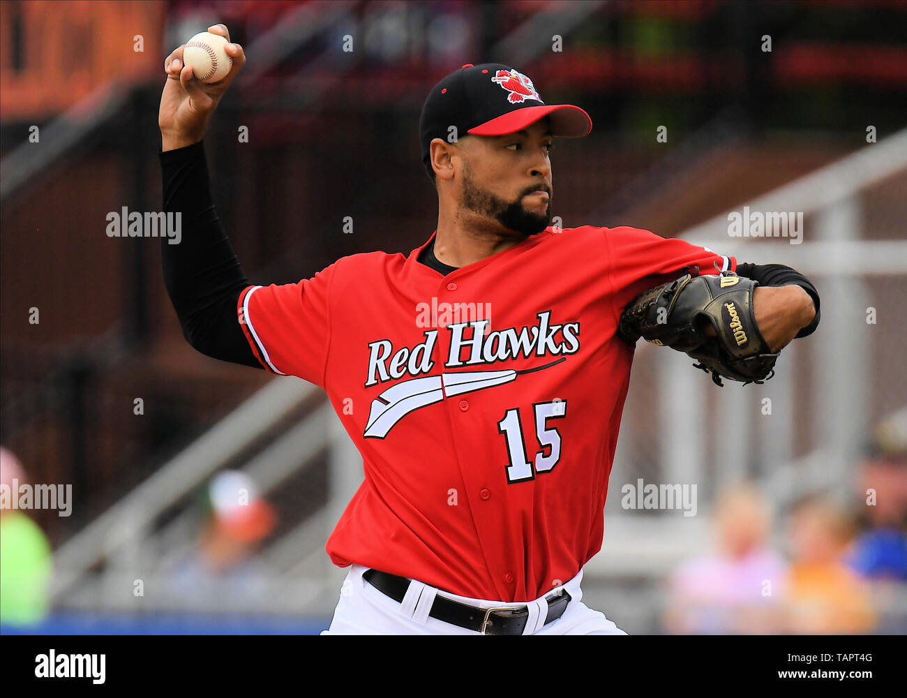 Fargo, ND, USA. 26th May, 2019. FM Redhawks pitcher Geoff Broussard (15 ...