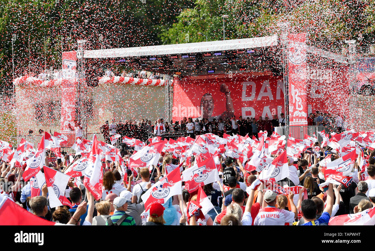 Leipzig, Germany. 26th May, 2019. Fans of RB Leipzig celebrate with the ...