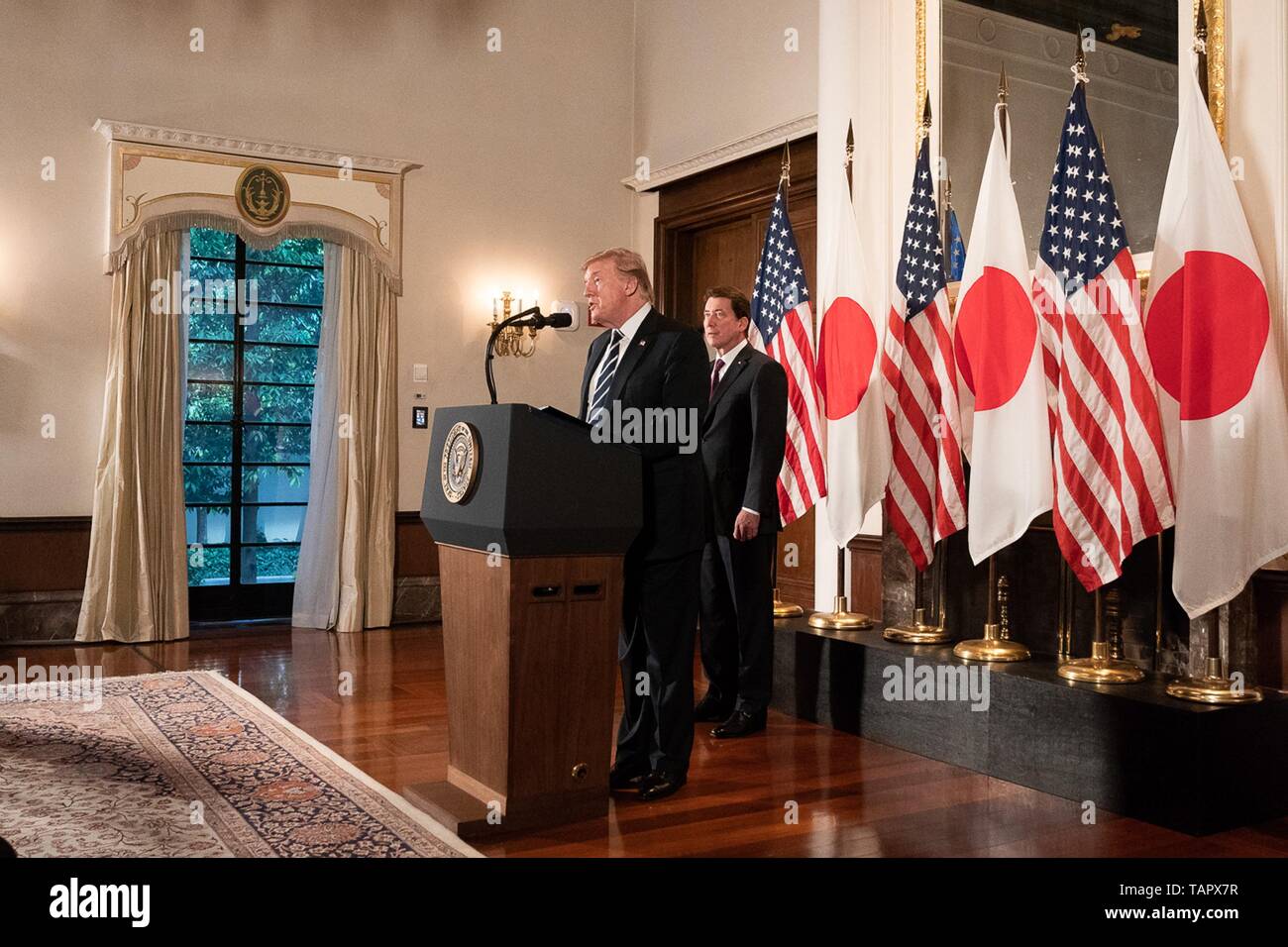U.S. President Donald Trump delivers remarks during a reception for ...