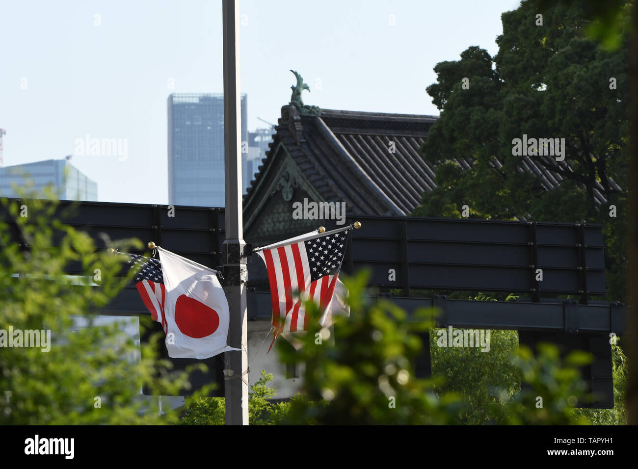 May 25, 2019 - Tokyo, Japan - Japanese flags and US flags can be seen ...