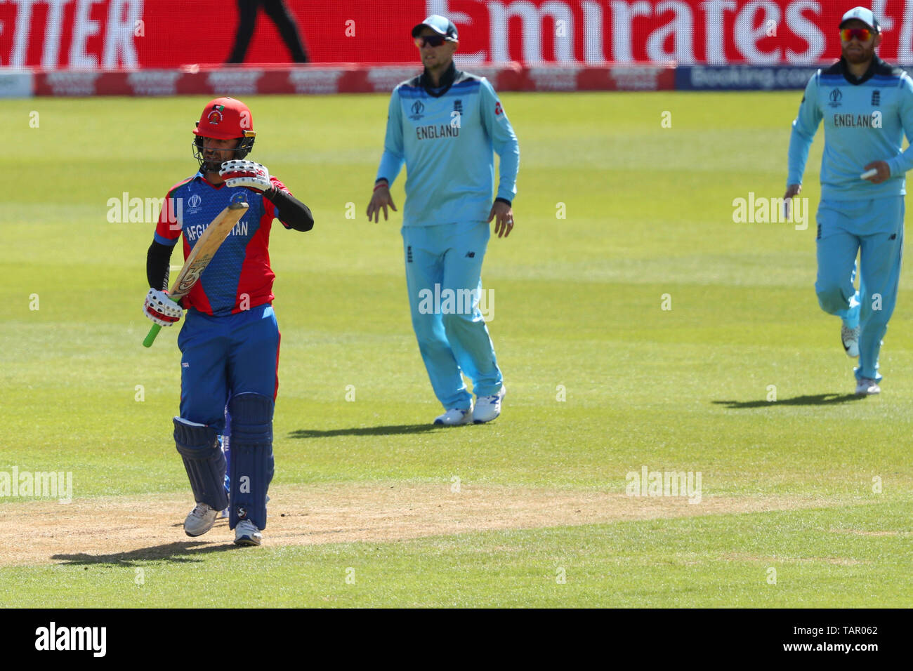 London, UK. 27th May 2019. Noor Ali Zadran of Afghanistan calls for a ...
