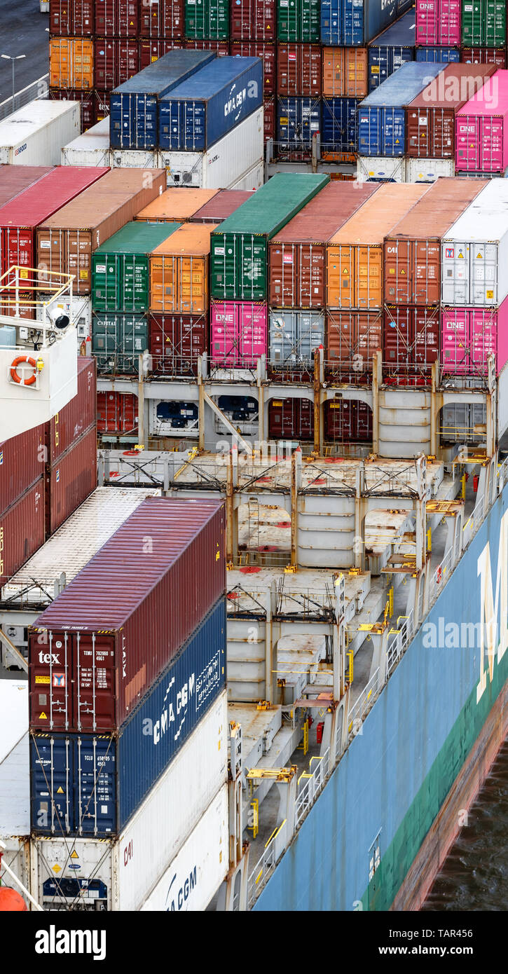 Hamburg, Germany. 06th May, 2019. A container ship is lying at the ...