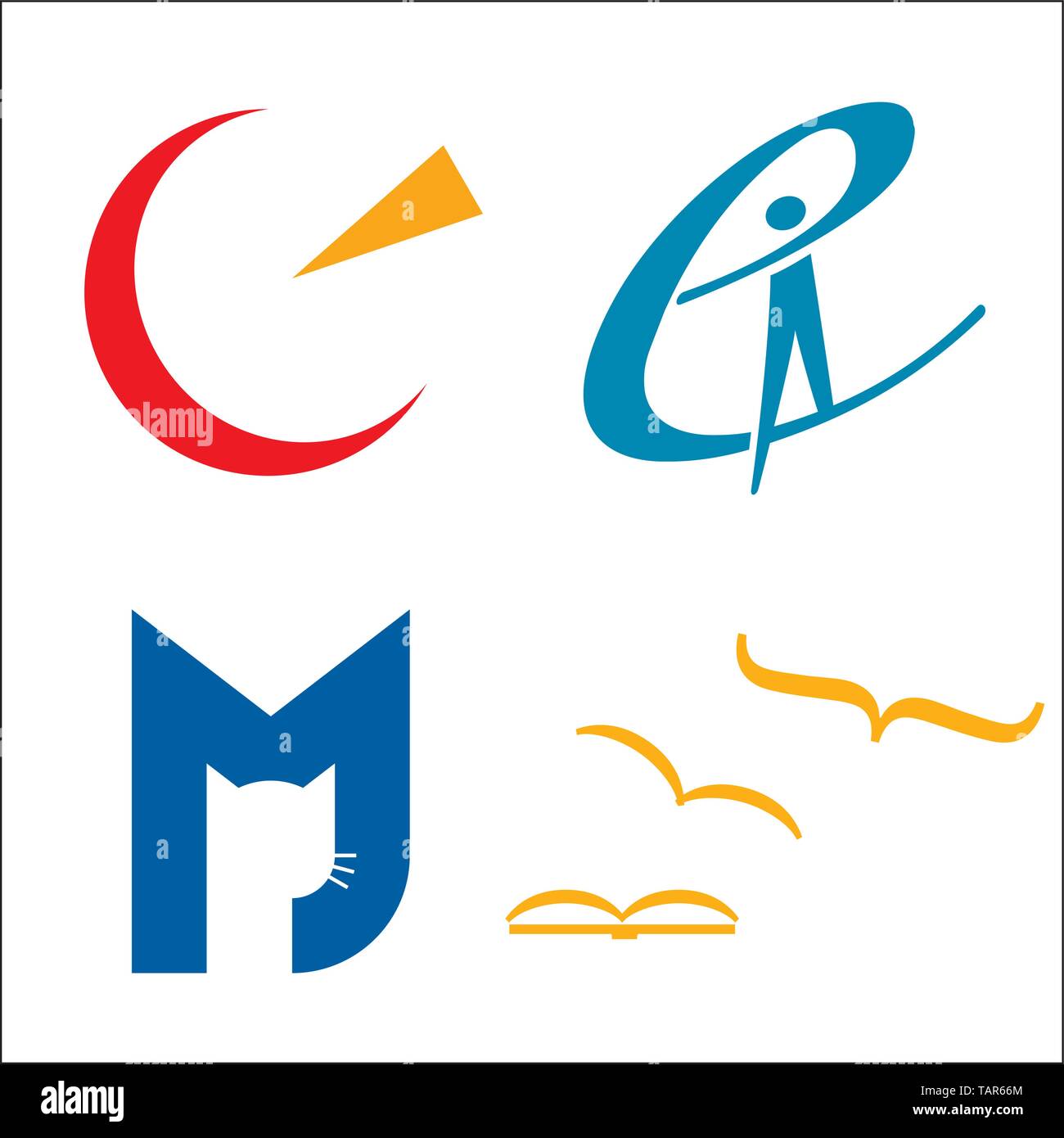 Vector illustration of four logos satellite, education, cat books Stock ...