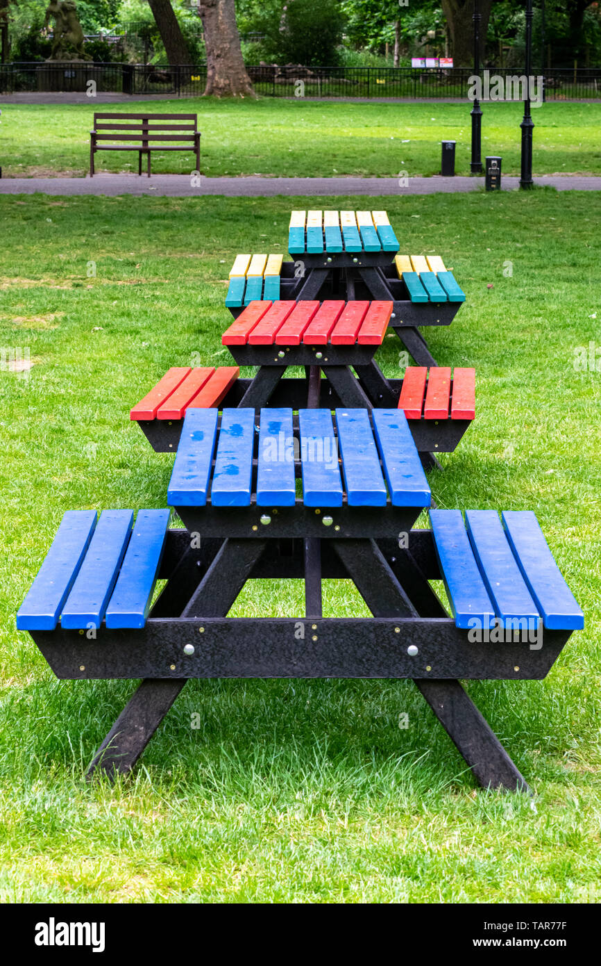 Coloured picnic tables hi-res stock photography and images - Alamy