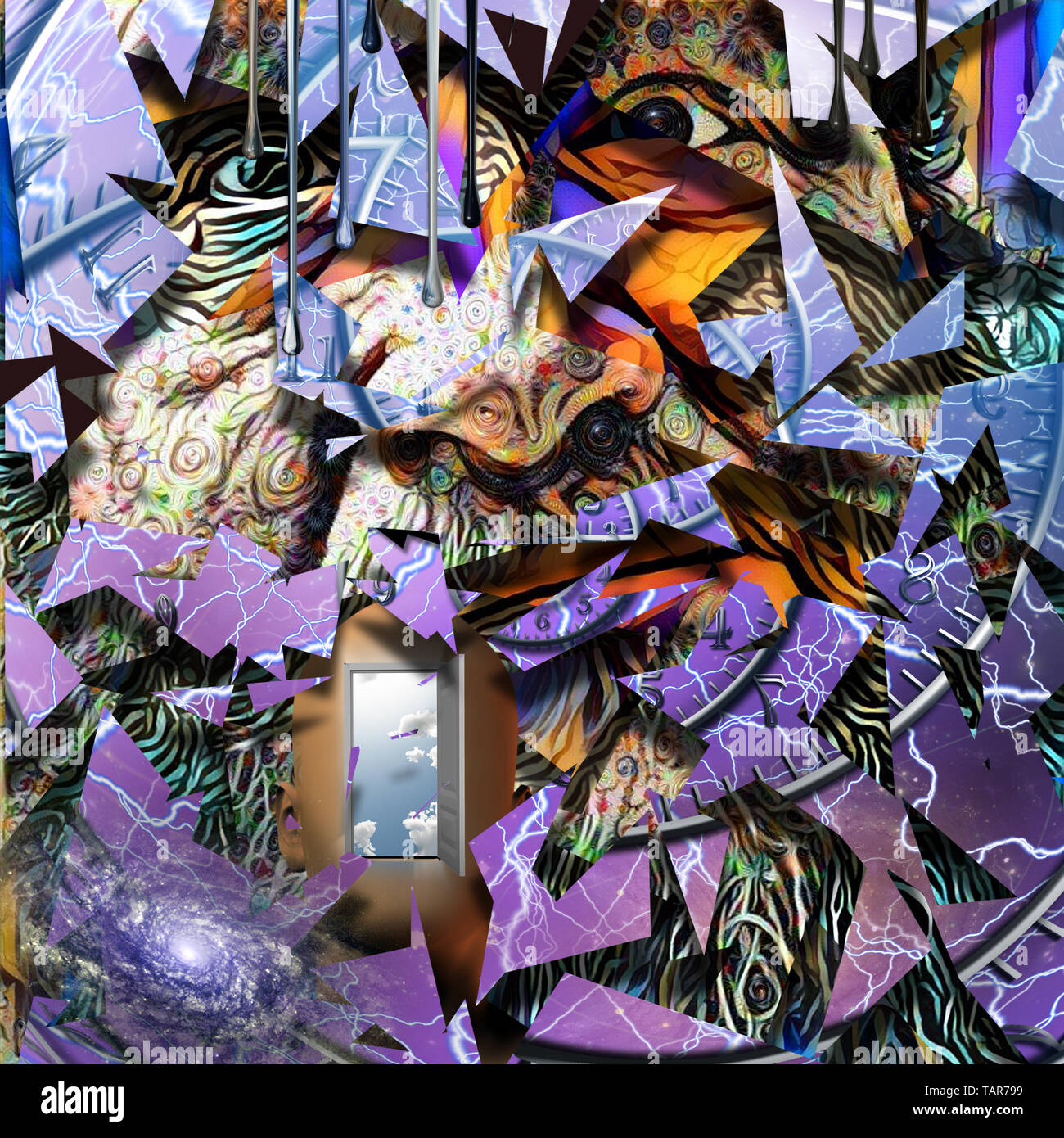 Complex abstract painting. Pieces of Imagination. Man's face at the ...