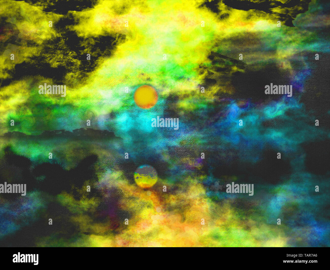 Abstract painting. Cloudy sky. Sunset or sunrise reflected on water ...