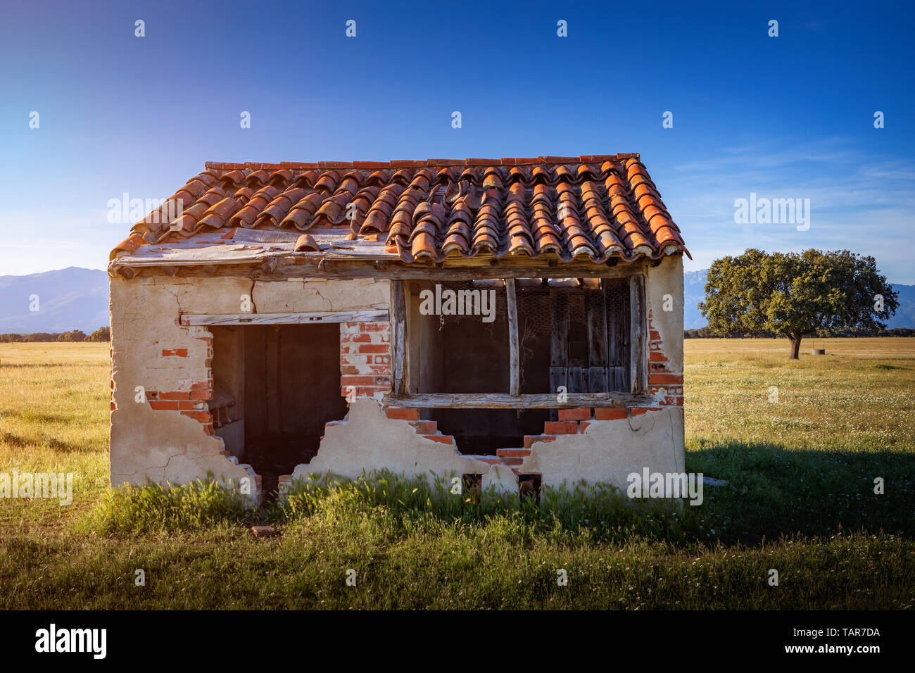 Small old house with the roof collapsed and a broken window Stock Photo ...