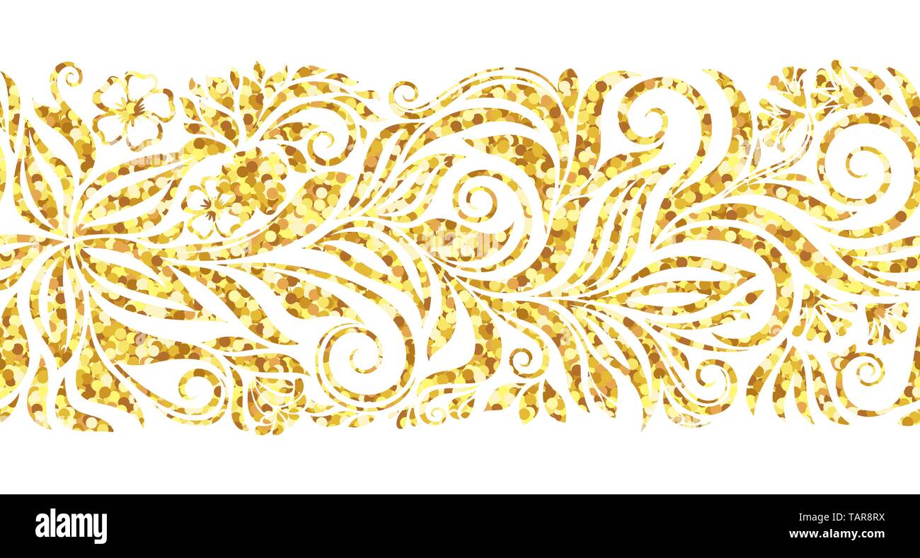 Sparkle glitter gold seamless border. Decorative swirls and flowers ...
