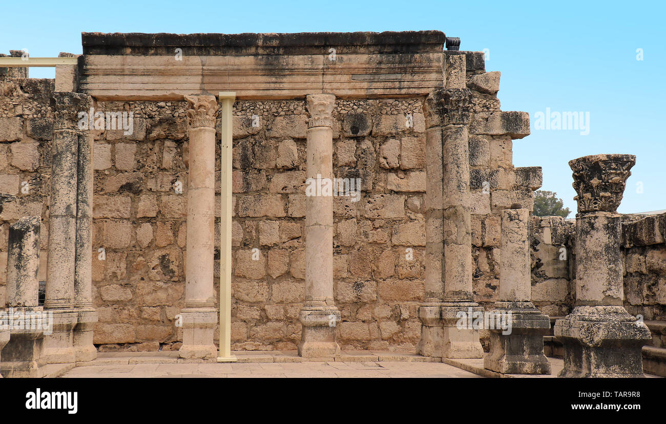 Ruins of an ancient white synagogue where Jesus walked in Capernaum ...