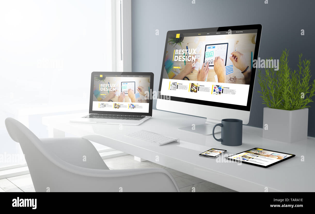 3d rendering of desktop with all devices showing ux design website. All ...