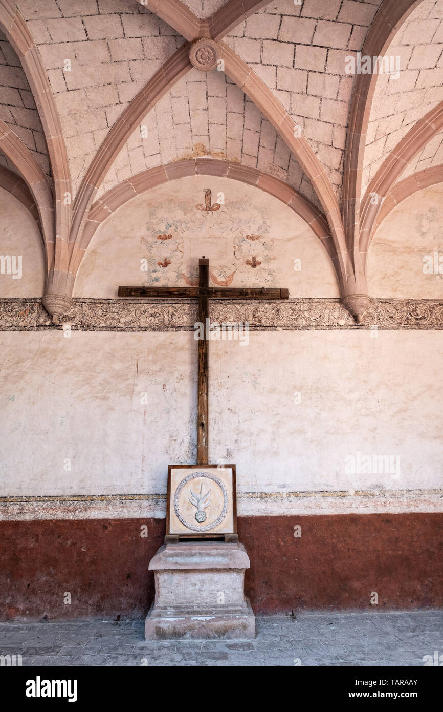 Wooden cross in the courtyard hall at the San Nicolas Tolentino Temple ...