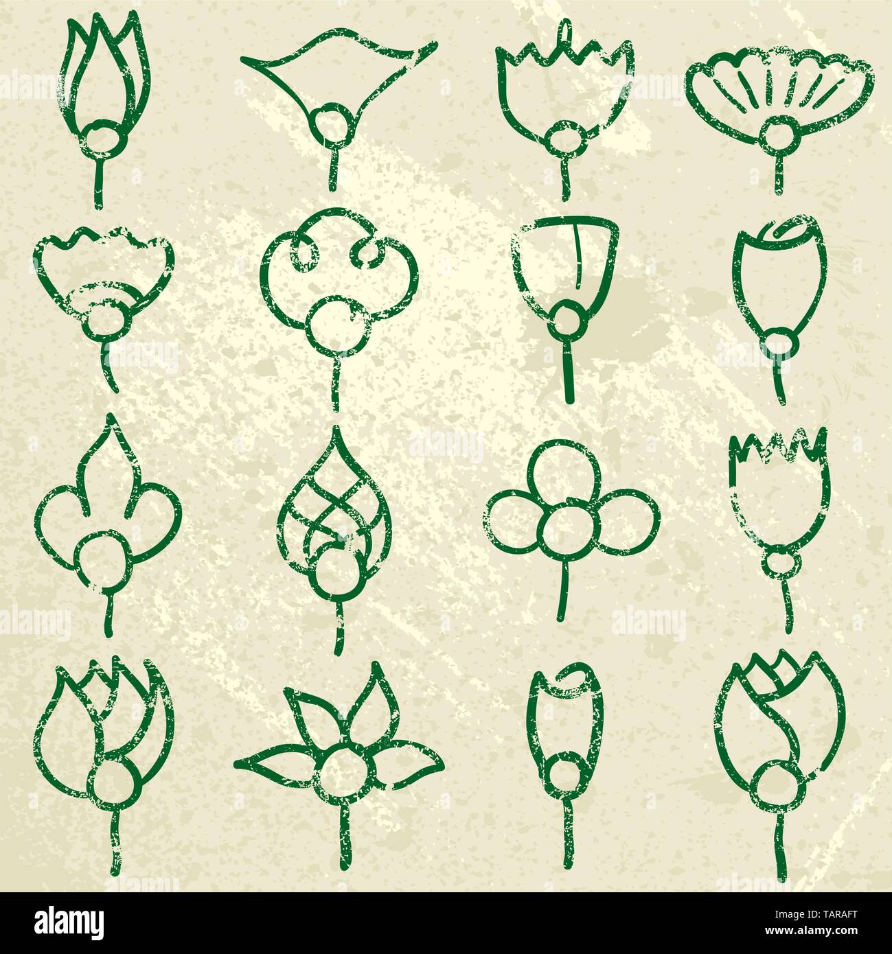 Vector illustration of hand made flower icons over grunge background ...
