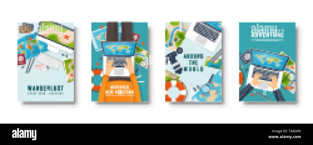 Travel and tourism flat style covers set. World, earth map navigation ...